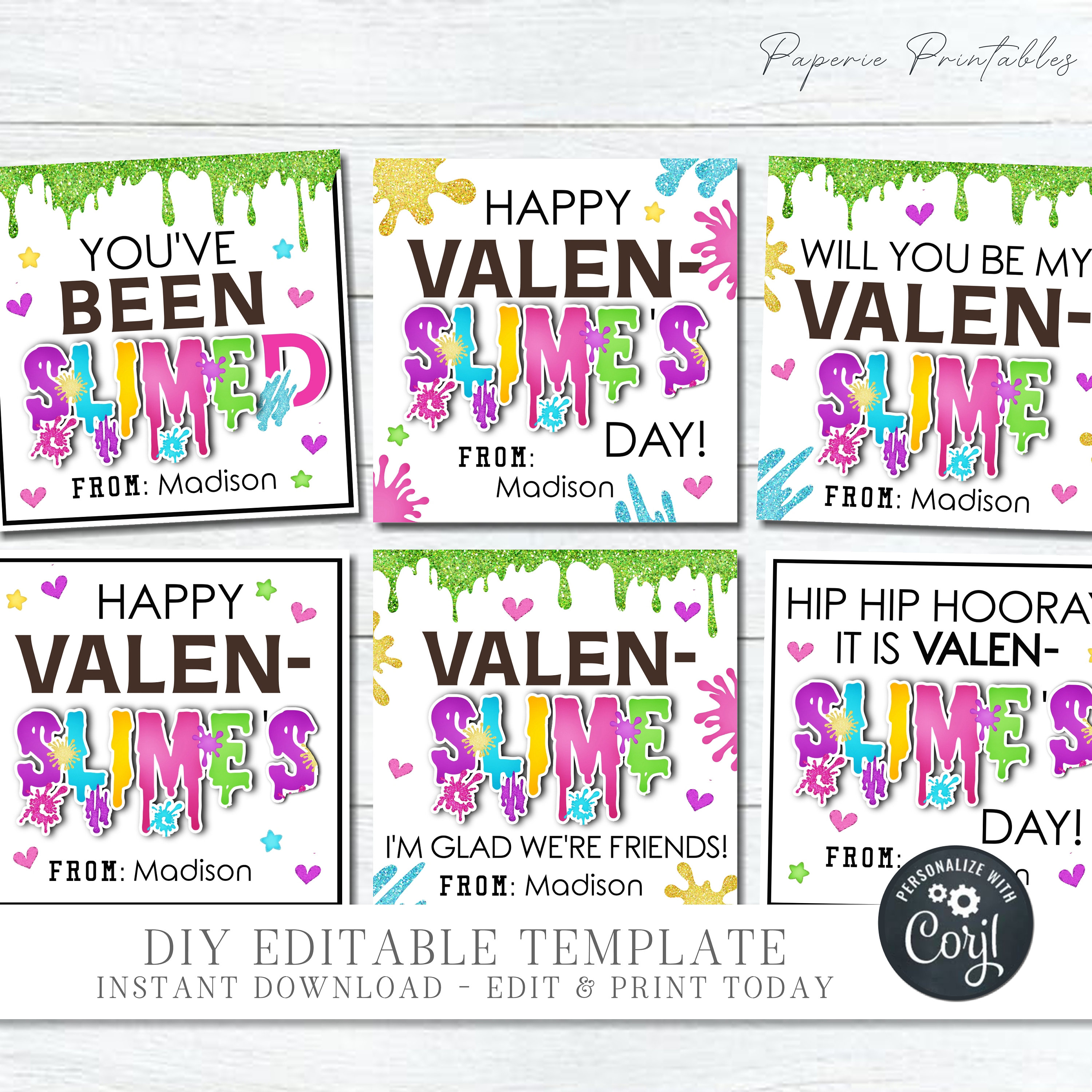 Editable Slime Valentine Cards: Kid's Printable Tags (DIY Corjl) - Etsy