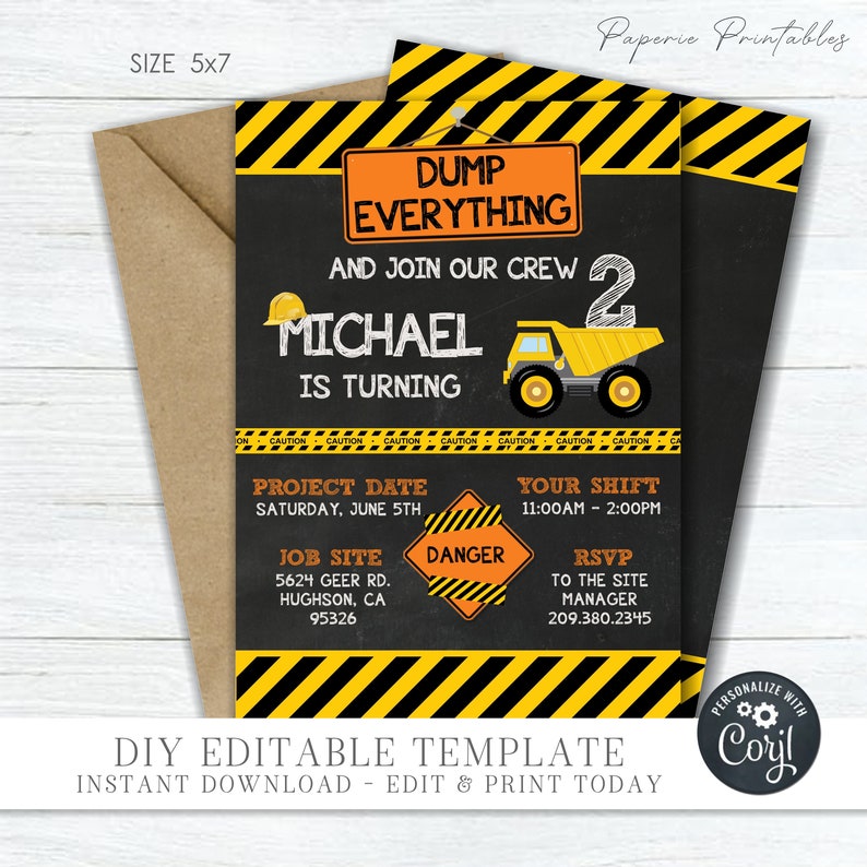 EDITABLE Construction Birthday Party Invitation Construction | Etsy