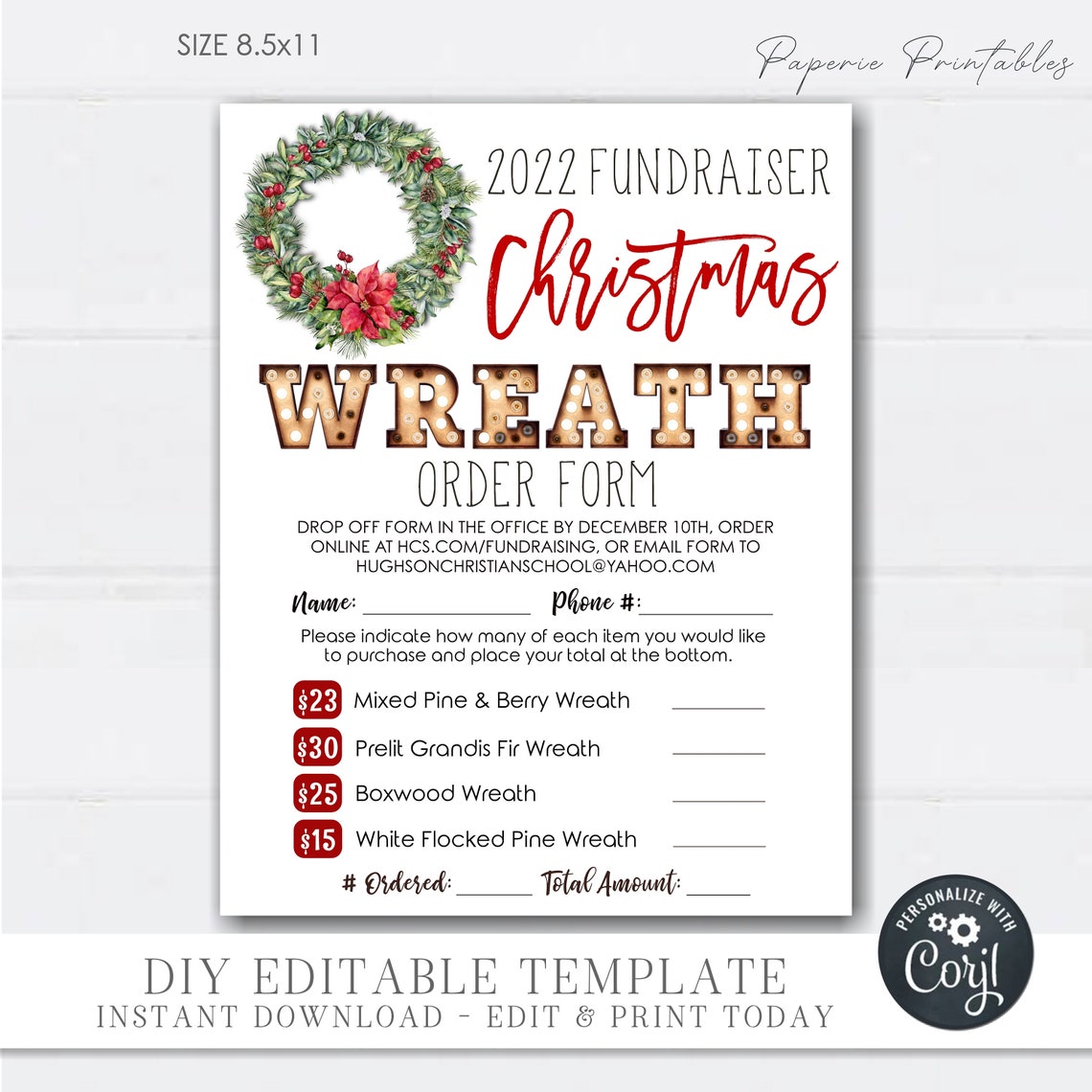 EDITABLE Christmas Wreath Fundraising Order Form Wreath Sale - Etsy