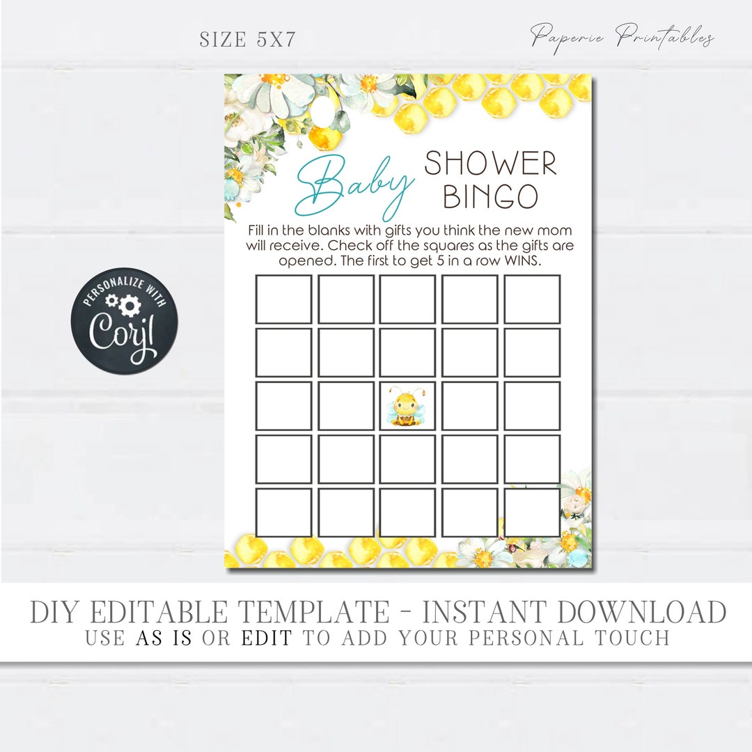 Bee Baby Shower Bingo Game: Editable Bumble Bee Theme (digital Download ...