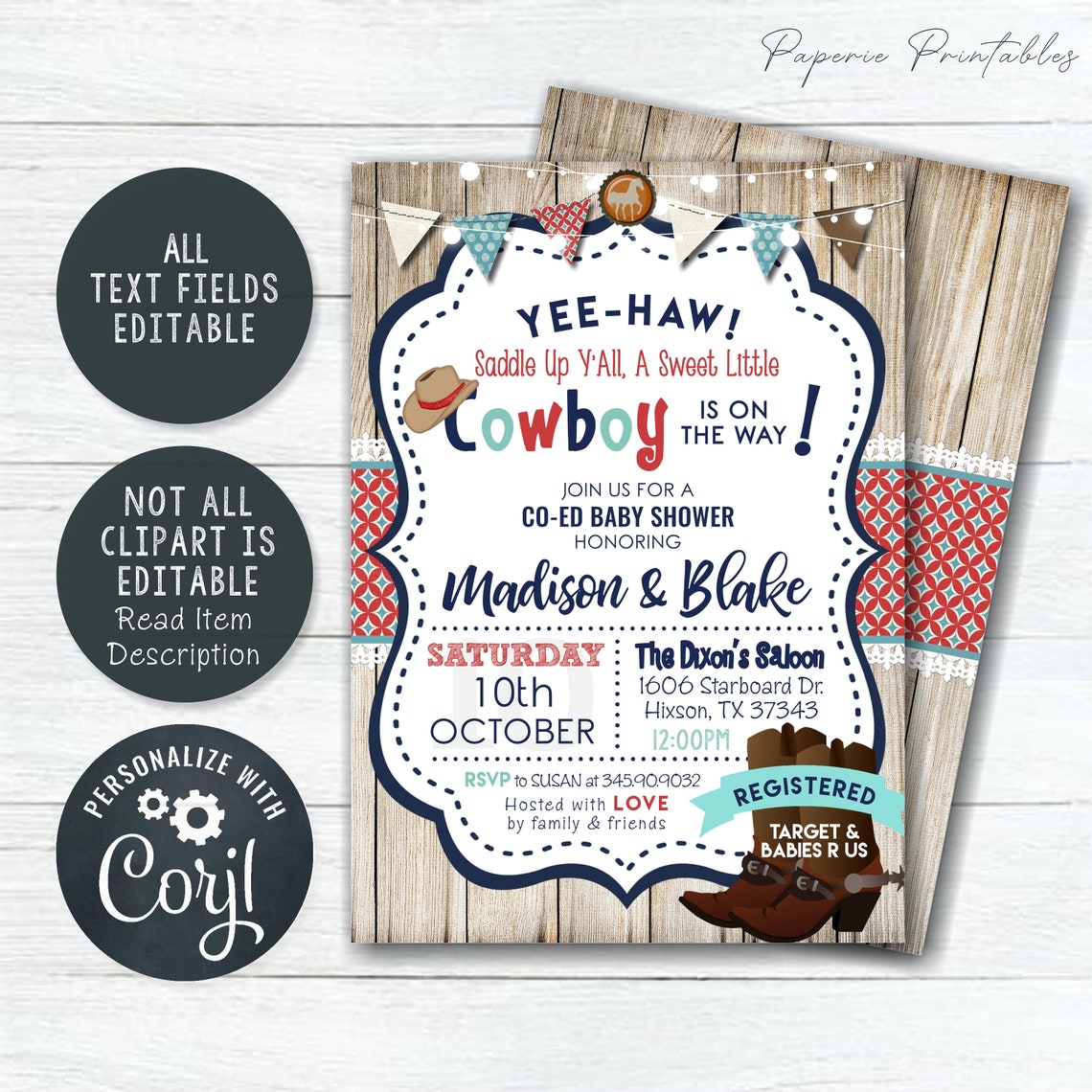 Editable Cowboy Baby Shower Invitation: Country Theme (DIY Corjl) #BS82 ...