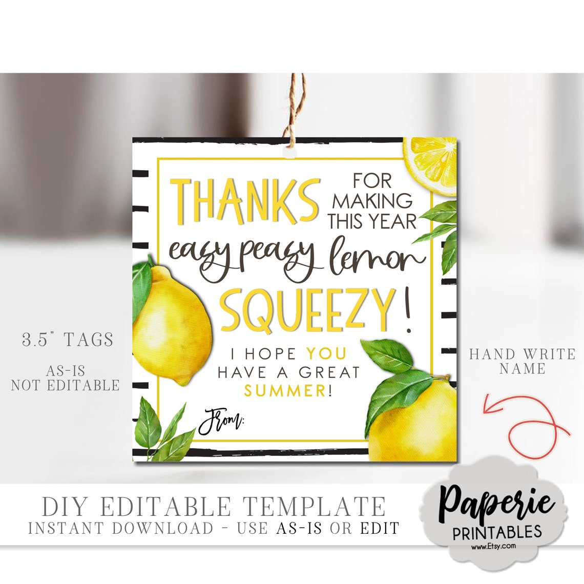 Lemon Teacher Appreciation Gift Tag: Editable Thank You (digital ...