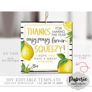 Lemon Teacher Appreciation Gift Tag: Editable Thank You (digital ...