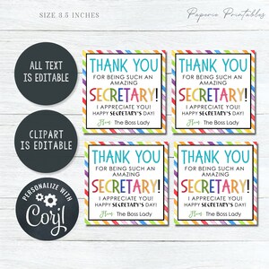 EDITABLE Secretary Appreciation Gift Tag, Secretary Appreciation Tag ...