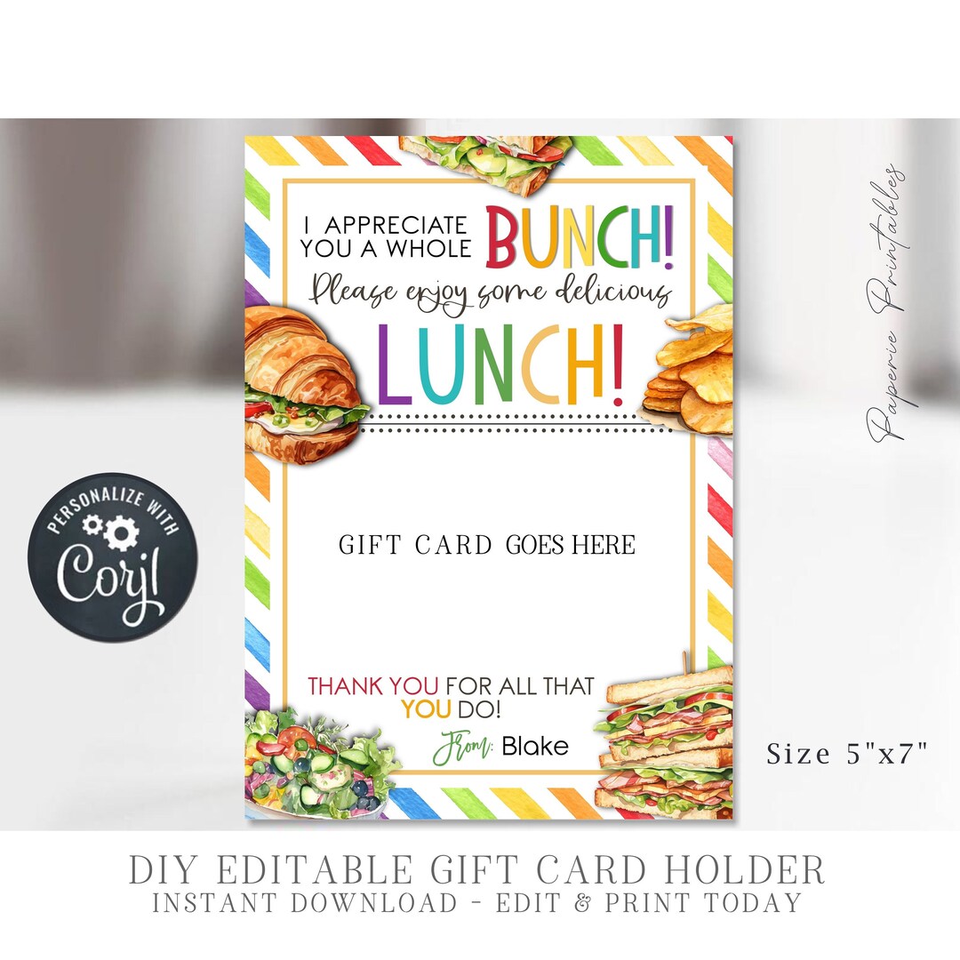 Teacher Appreciation Lunch Gift Card Holder: Editable DIY Printable ...