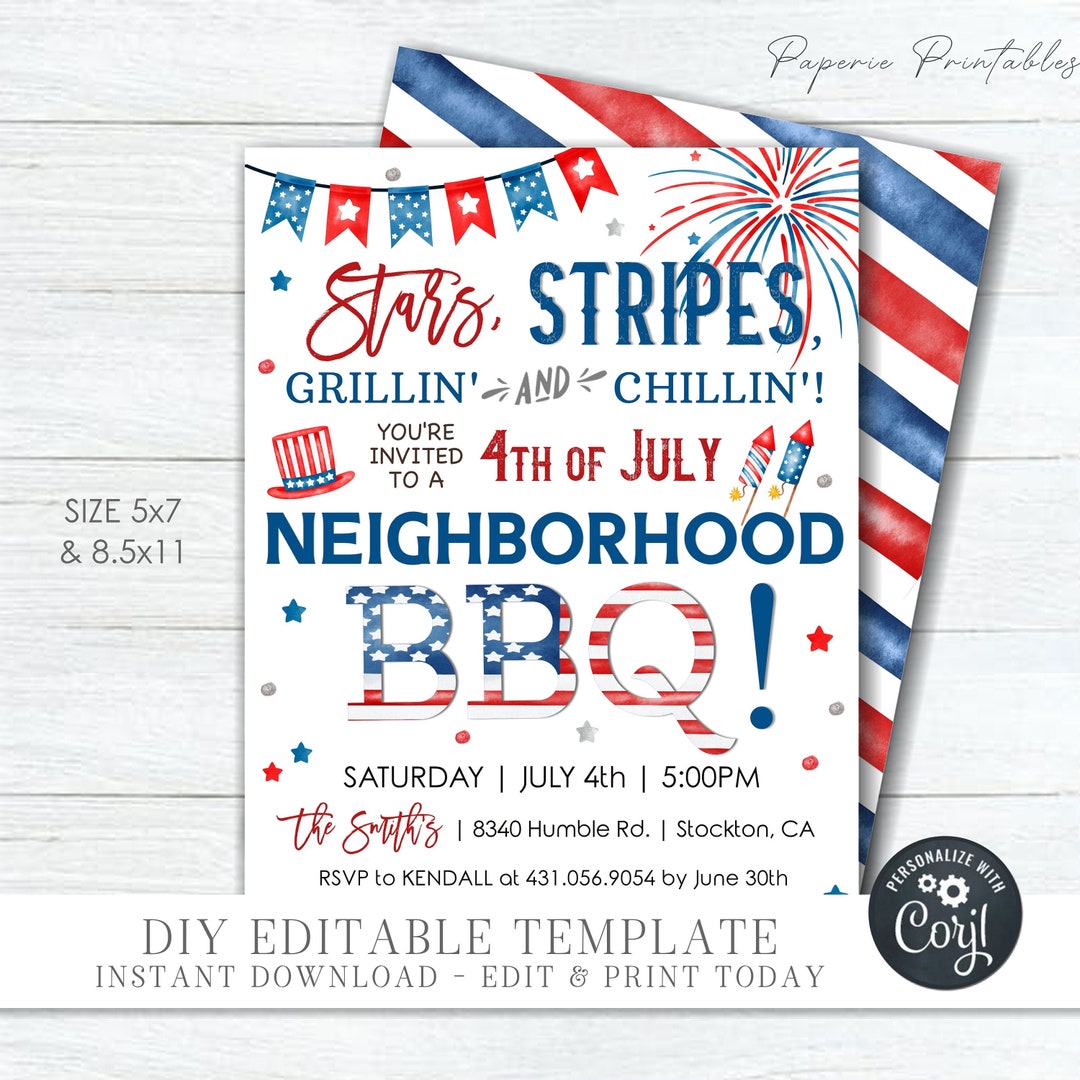 Editable 4th of July BBQ Invitation: Neighborhood Party (DIY Corjl) # ...