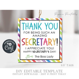 EDITABLE Secretary Appreciation Gift Tag, Secretary Appreciation Tag ...