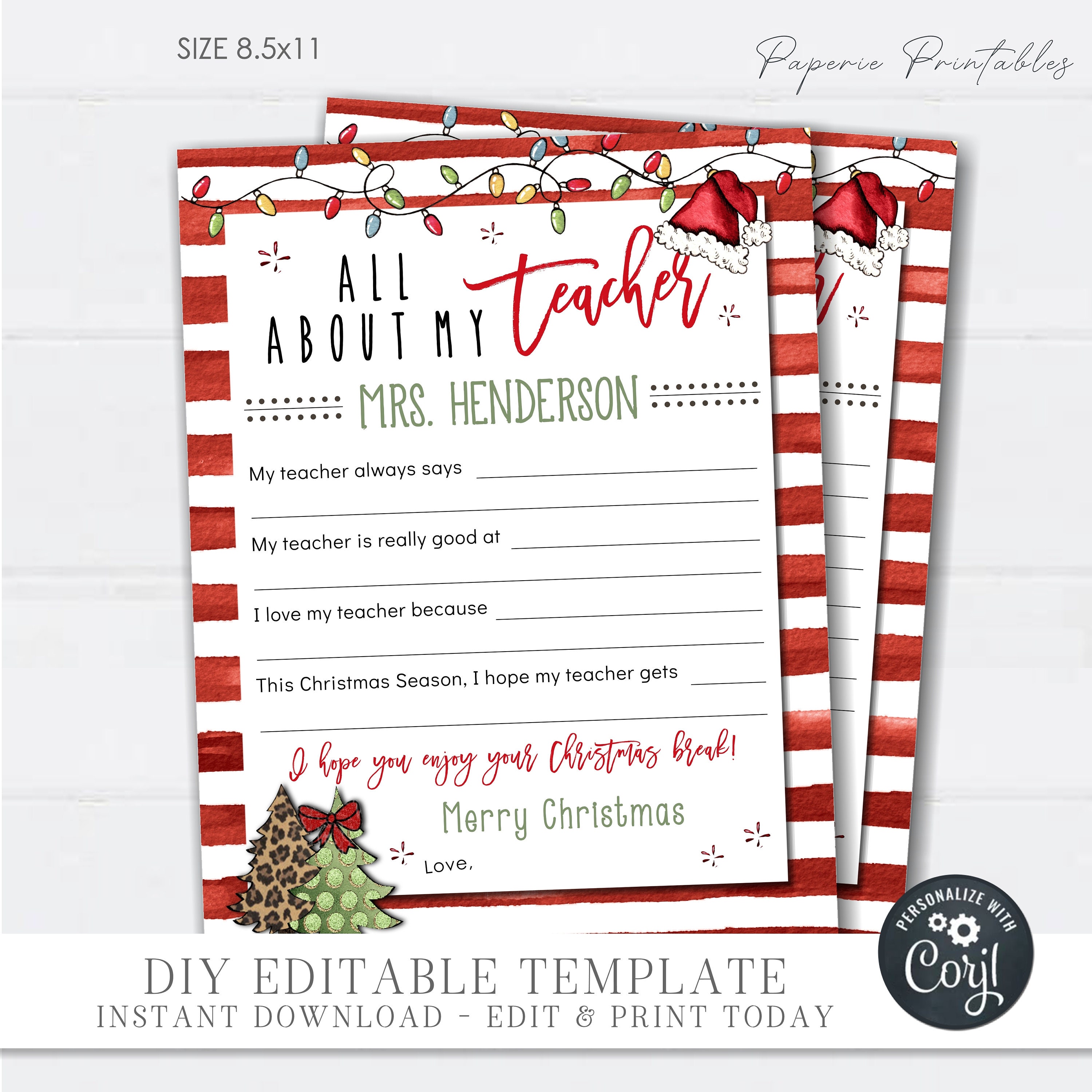 EDITABLE Teacher Holiday Gift All About My Teacher Christmas - Etsy