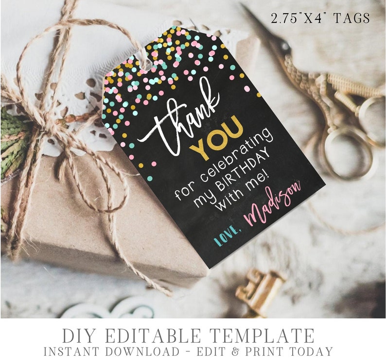 EDITABLE Confetti Birthday Favor Tag Editable Favor Tag Girl | Etsy