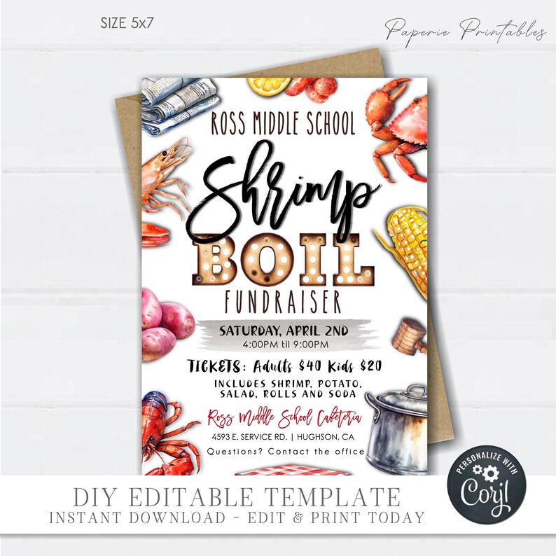 Editable Shrimp Boil Fundraiser Flyer Template (DIY Corjl) #FLYR13 - Etsy