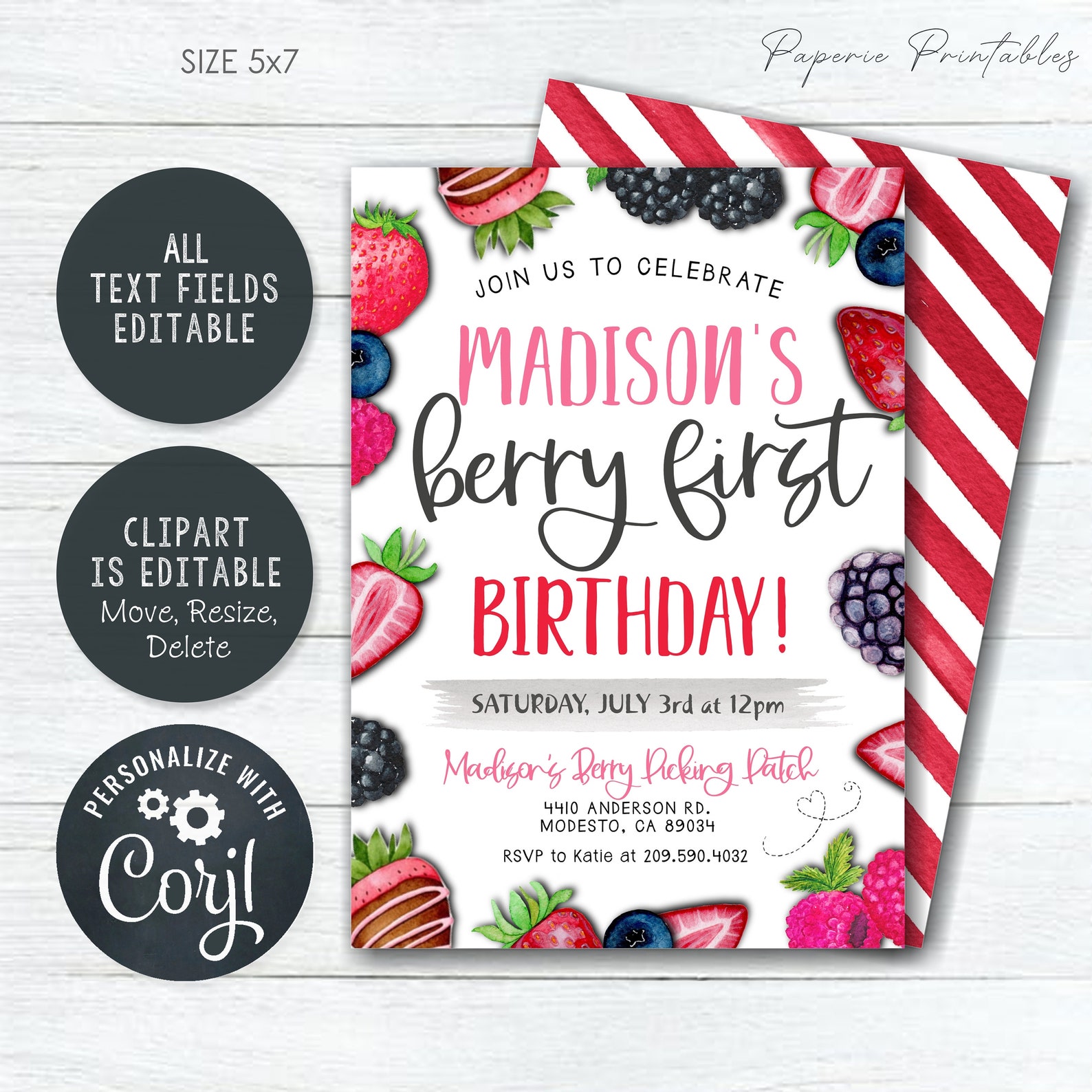 EDITABLE Berry First Birthday Invitation Sweet Birthday - Etsy