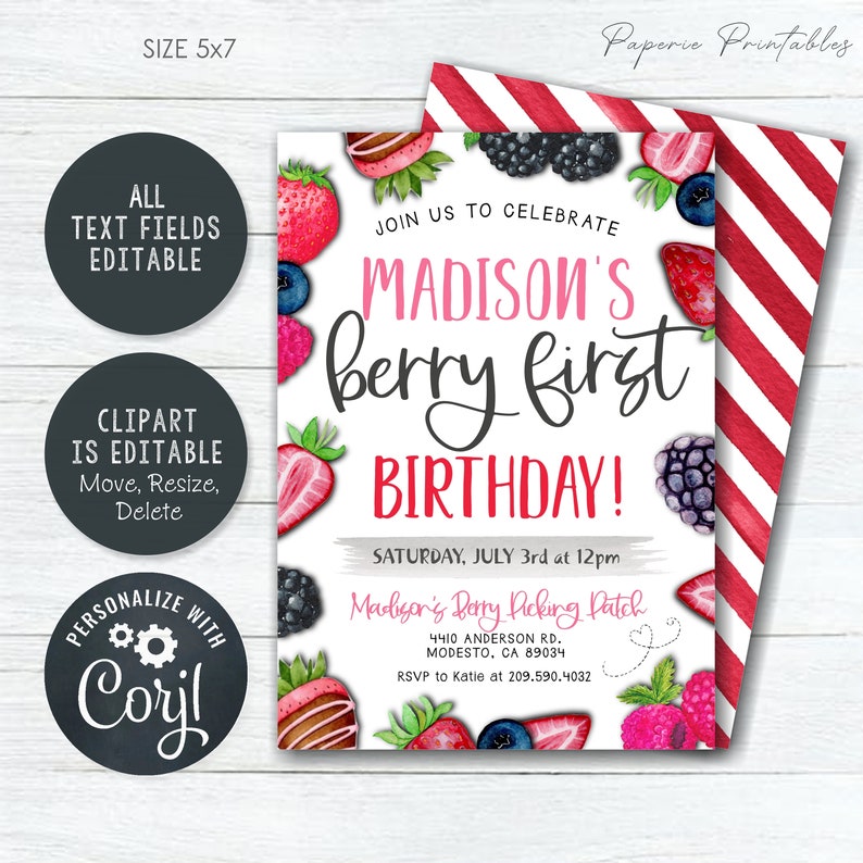 EDITABLE Berry First Birthday Invitation Sweet Birthday - Etsy