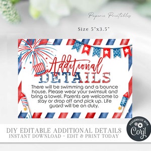 Editable 4th of July Insert Cards, Additional Details Template, 4th of ...