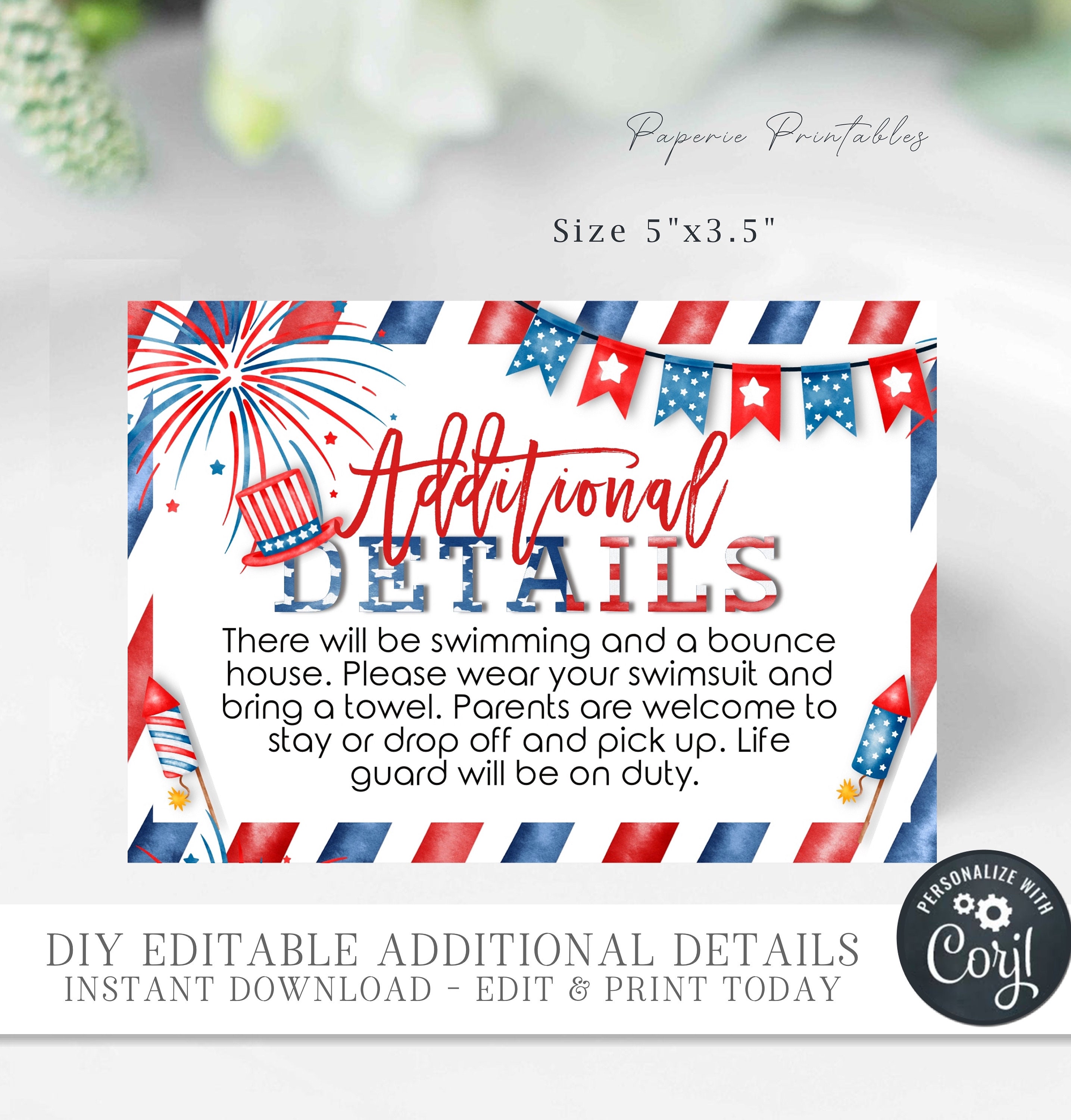 Editable 4th of July Details Card Template: Patriotic Insert (DIY Corjl ...