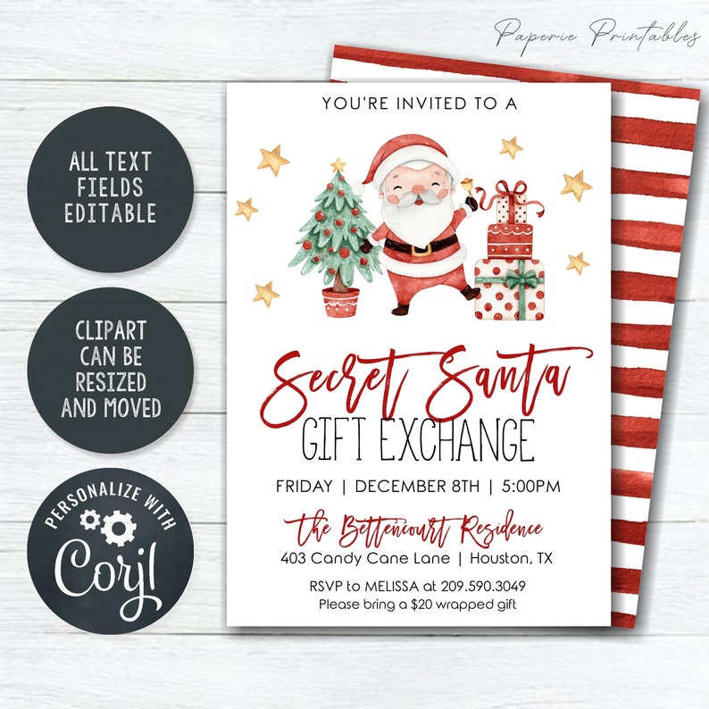 EDITABLE Secret Santa Gift Exchange Invitation Secret Santa | Etsy