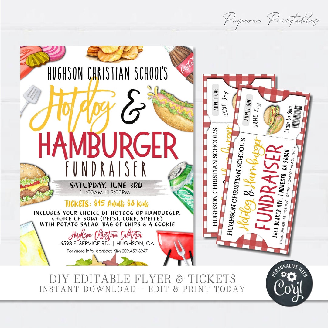 EDITABLE Hotdog & Hamburger Fundraiser Flyer and Ticket, Hamburger and ...