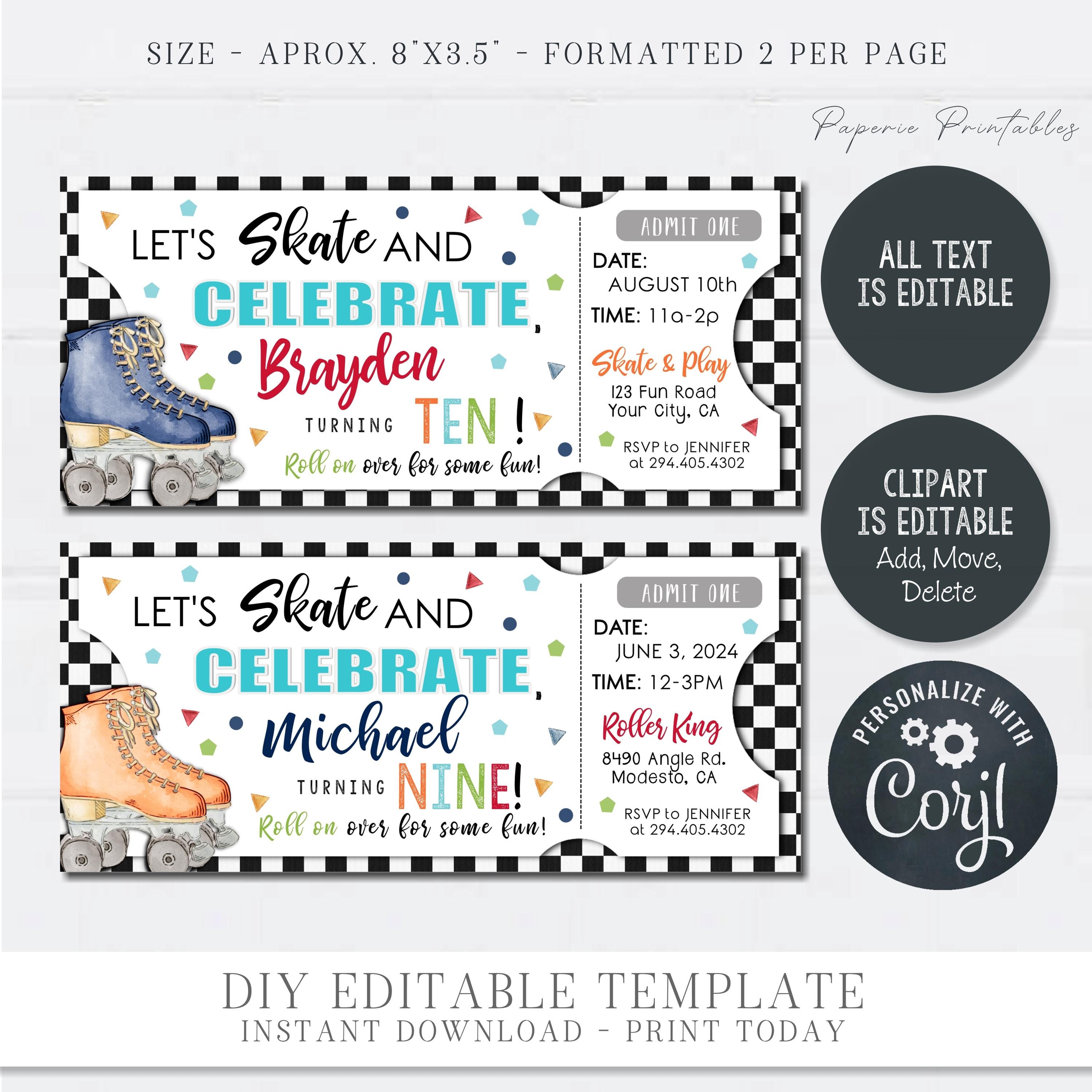 Editable Roller Skating Birthday Ticket Invitation (DIY Corjl) #BP79 - Etsy