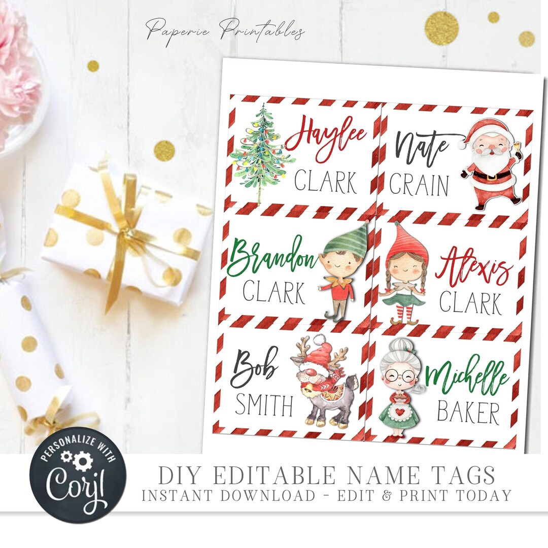 Editable Christmas Name Tag Labels, Name Tags, Holiday Name Tag Labels ...