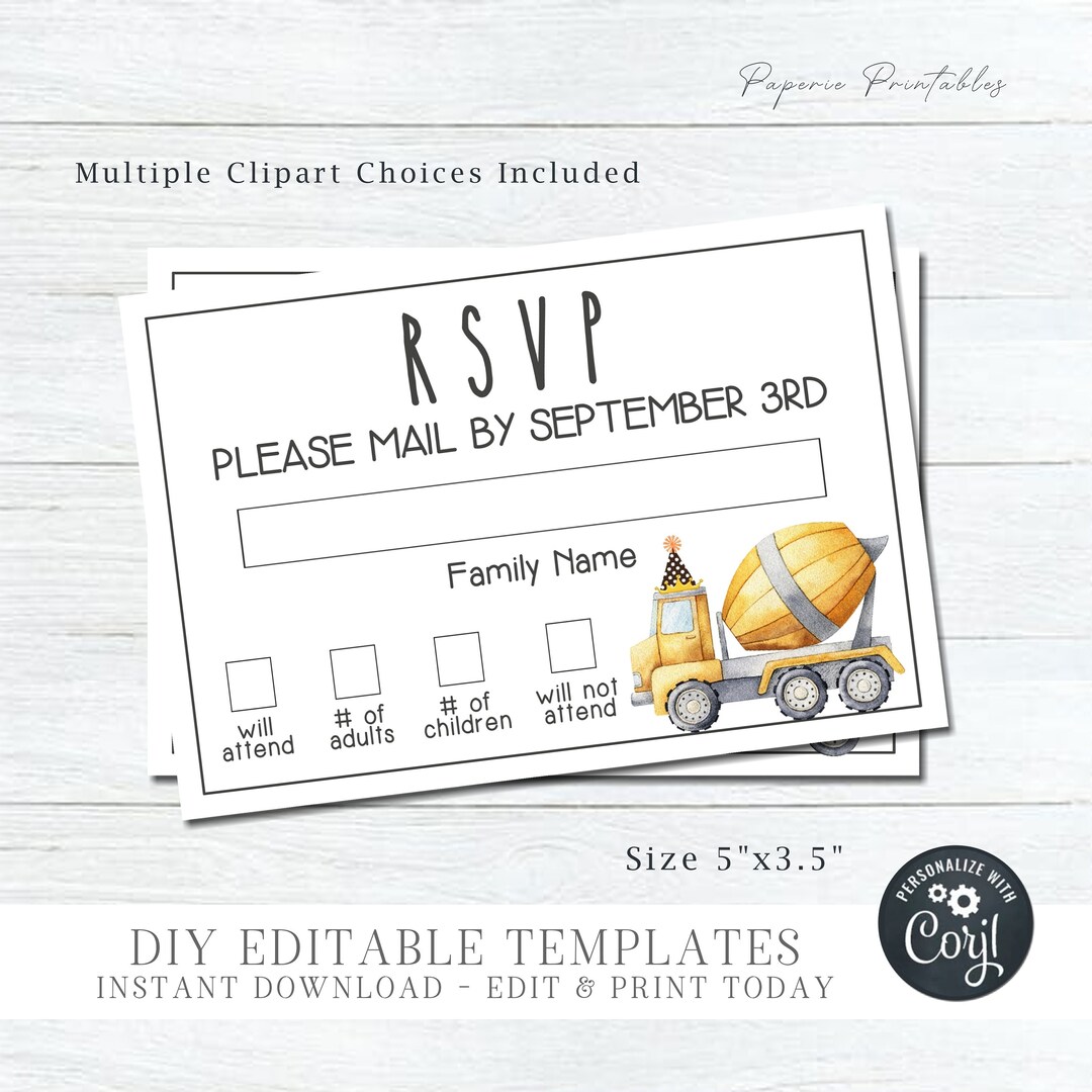 Editable Construction Birthday RSVP Cards DIY RSVP Cards - Etsy