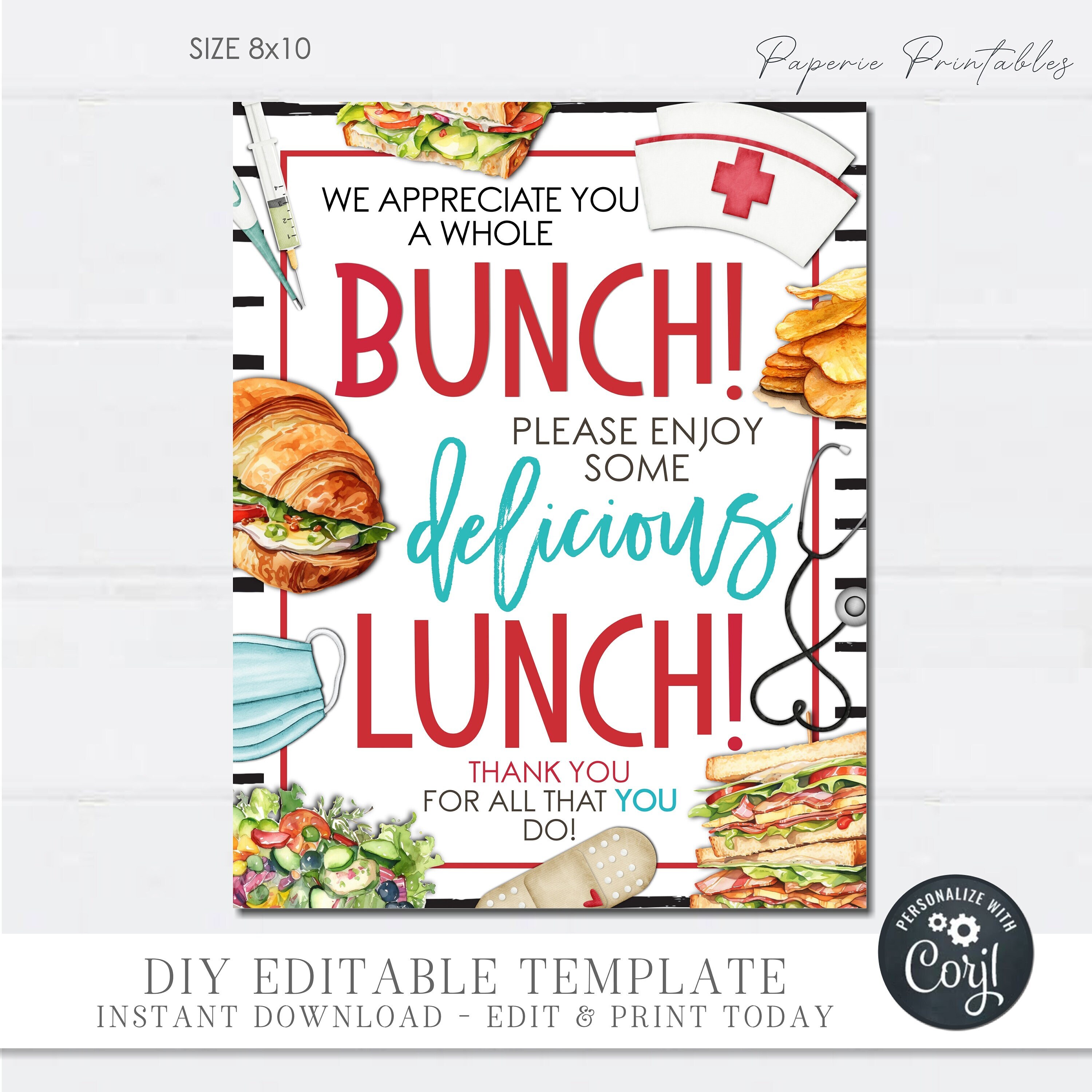 Nurse Appreciation Lunch Sign: Editable Thank You Gift (digital ...