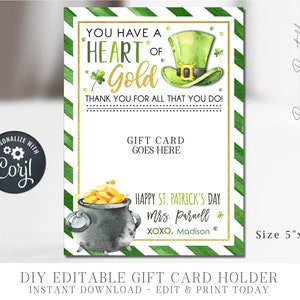 EDITABLE St. Patrick's Day Teacher Gift Card Holder, TEACHER St ...