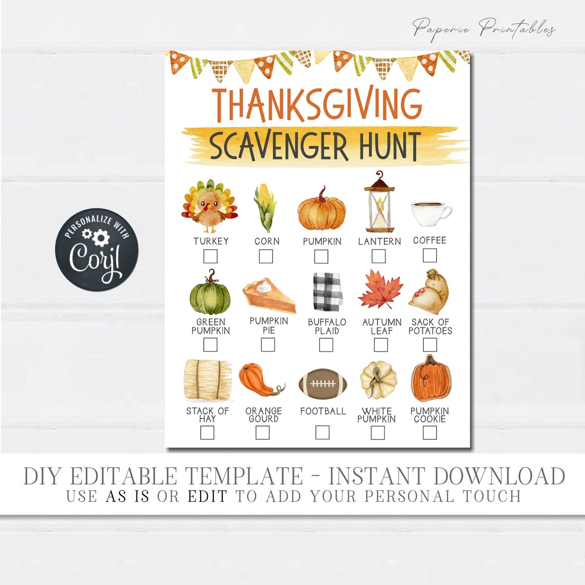 EDITABLE Thanksgiving Scavenger Hunt Kids Thanksgiving Game | Etsy