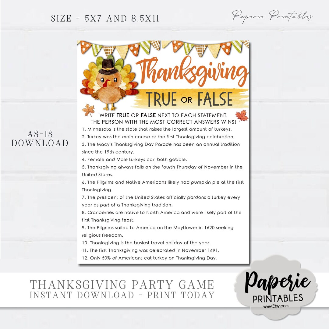 Thanksgiving Trivia Game Printable, Thanksgiving True or False Game ...
