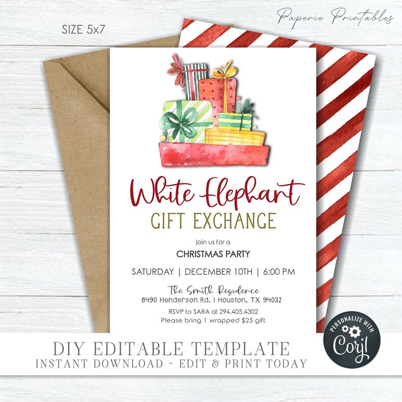 EDITABLE White Elephant Gift Exchange Invitation Christmas - Etsy