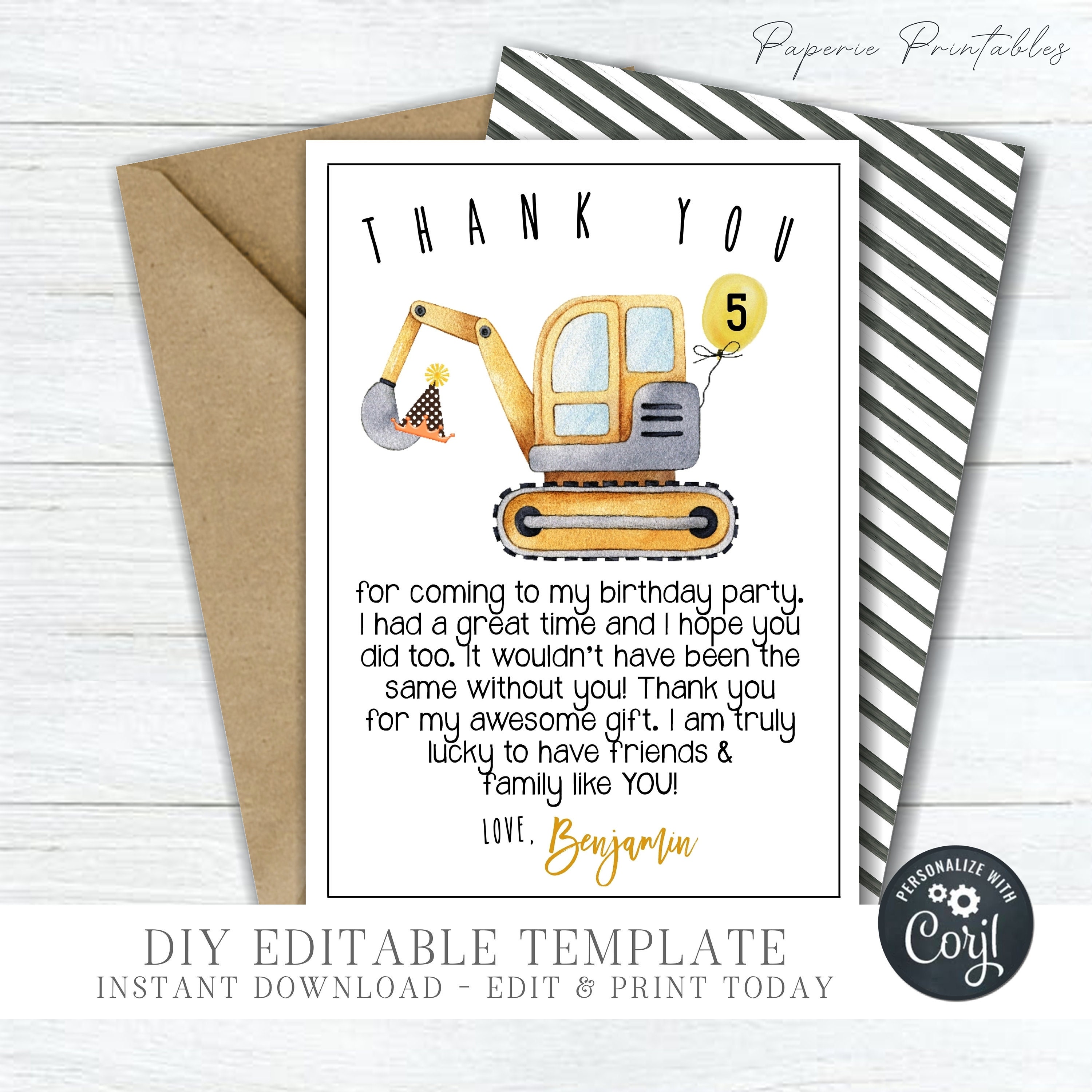 Construction Birthday Thank You Card: Editable Template (DIY) #BP48 - Etsy