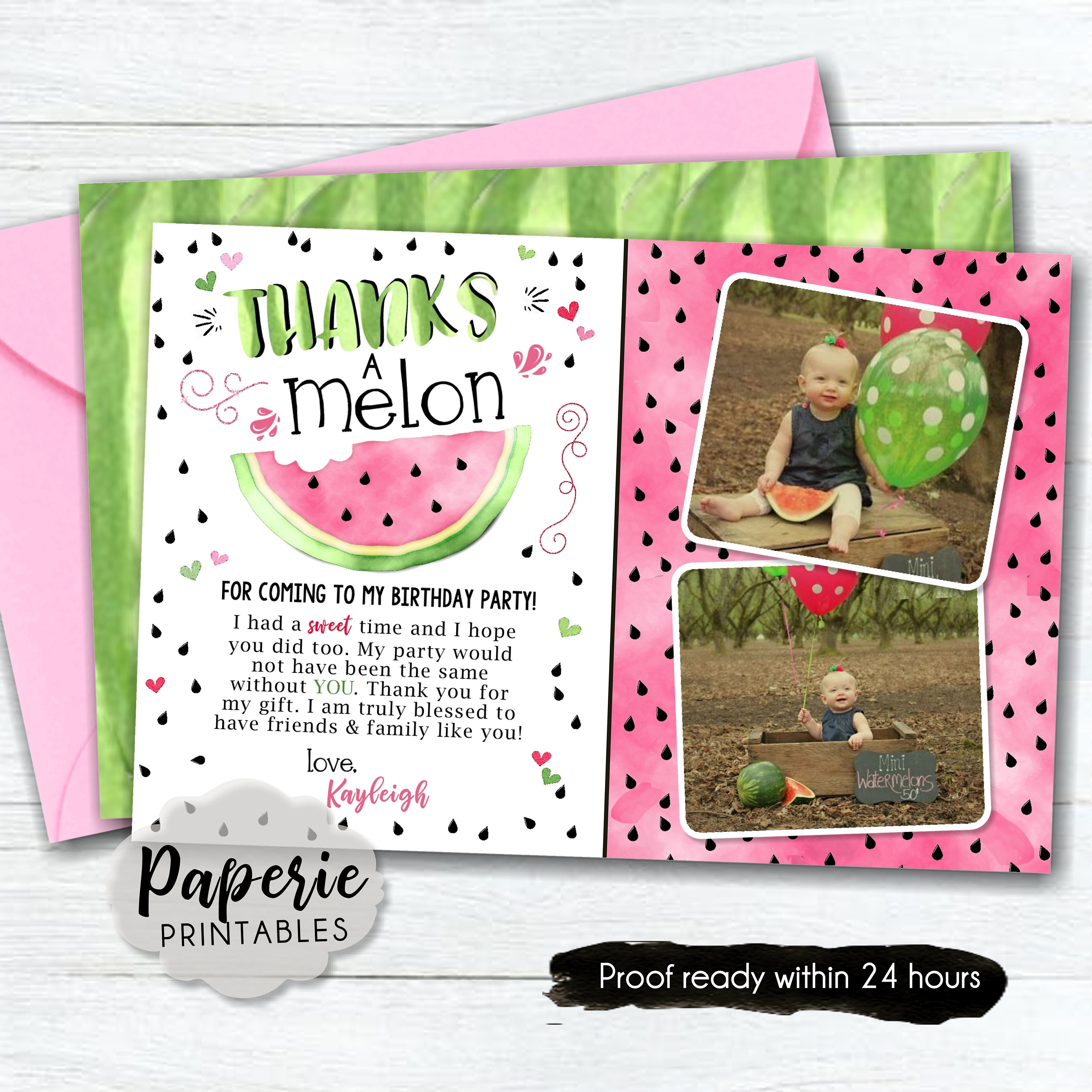 Watermelon Theme Birthday Thank You Card One in a Melon - Etsy