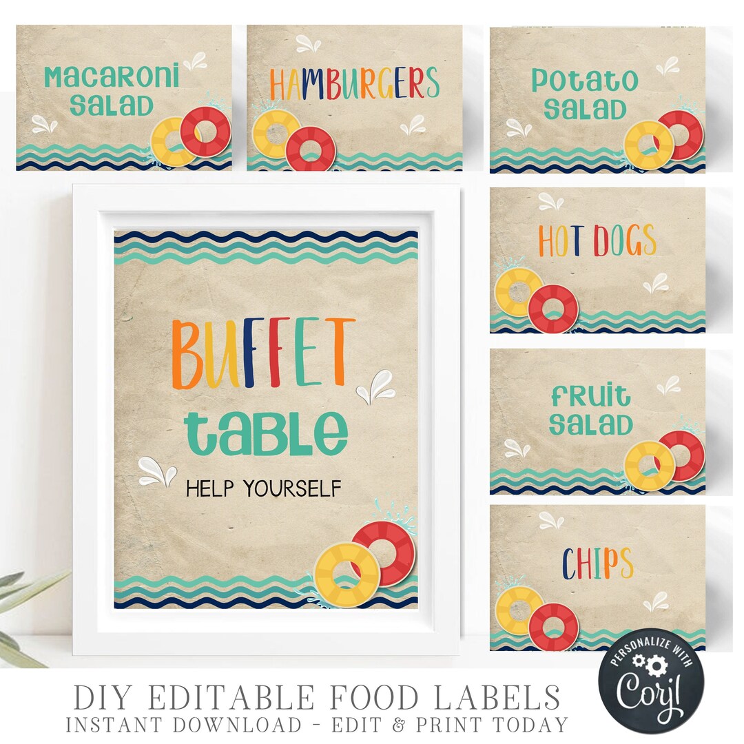 EDITABLE Pool Party Birthday Party Food Tent Labels, Editable Food ...