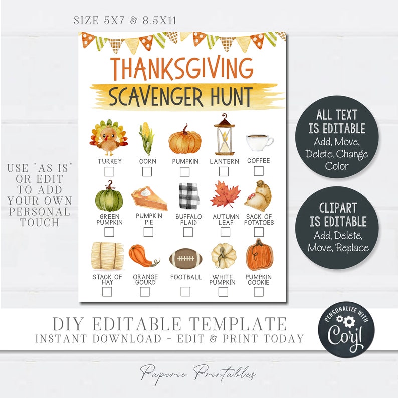 EDITABLE Thanksgiving Scavenger Hunt Kids Thanksgiving Game | Etsy