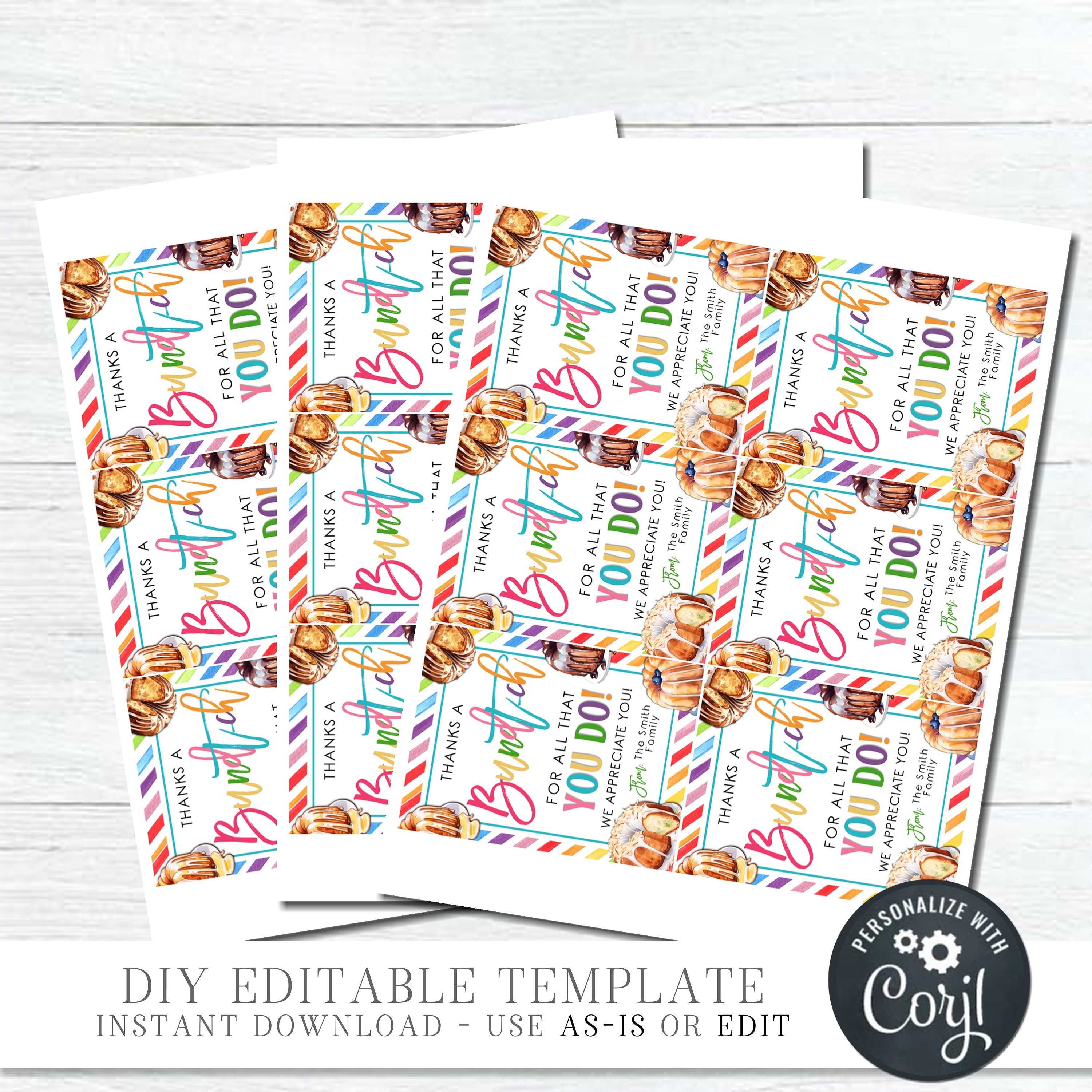 Editable Bundt Cake Appreciation Gift Tags: Thanks a Bunch (DIY Corjl ...