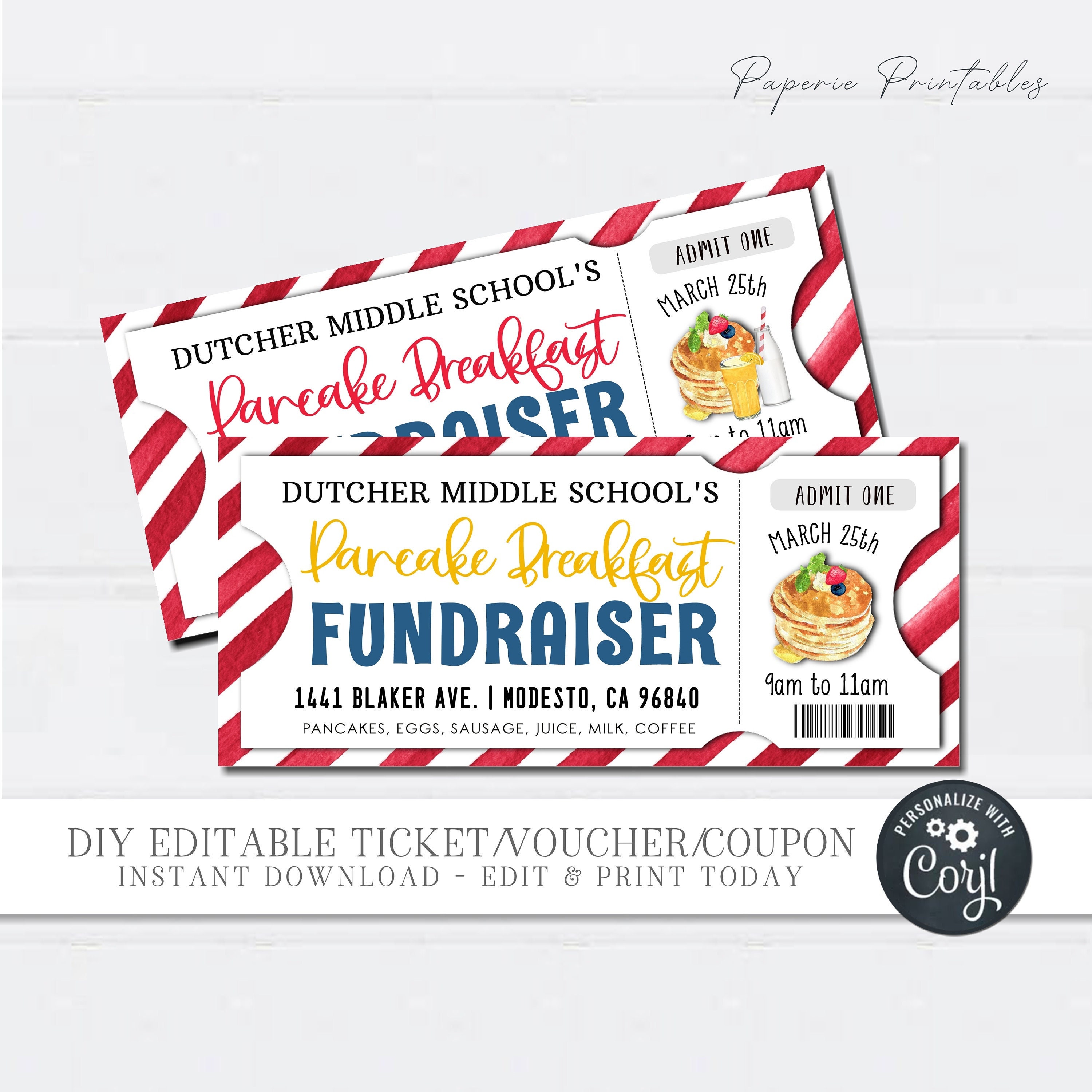 Editable Pancake Breakfast Fundraiser Ticket: DIY Corjl Template ...