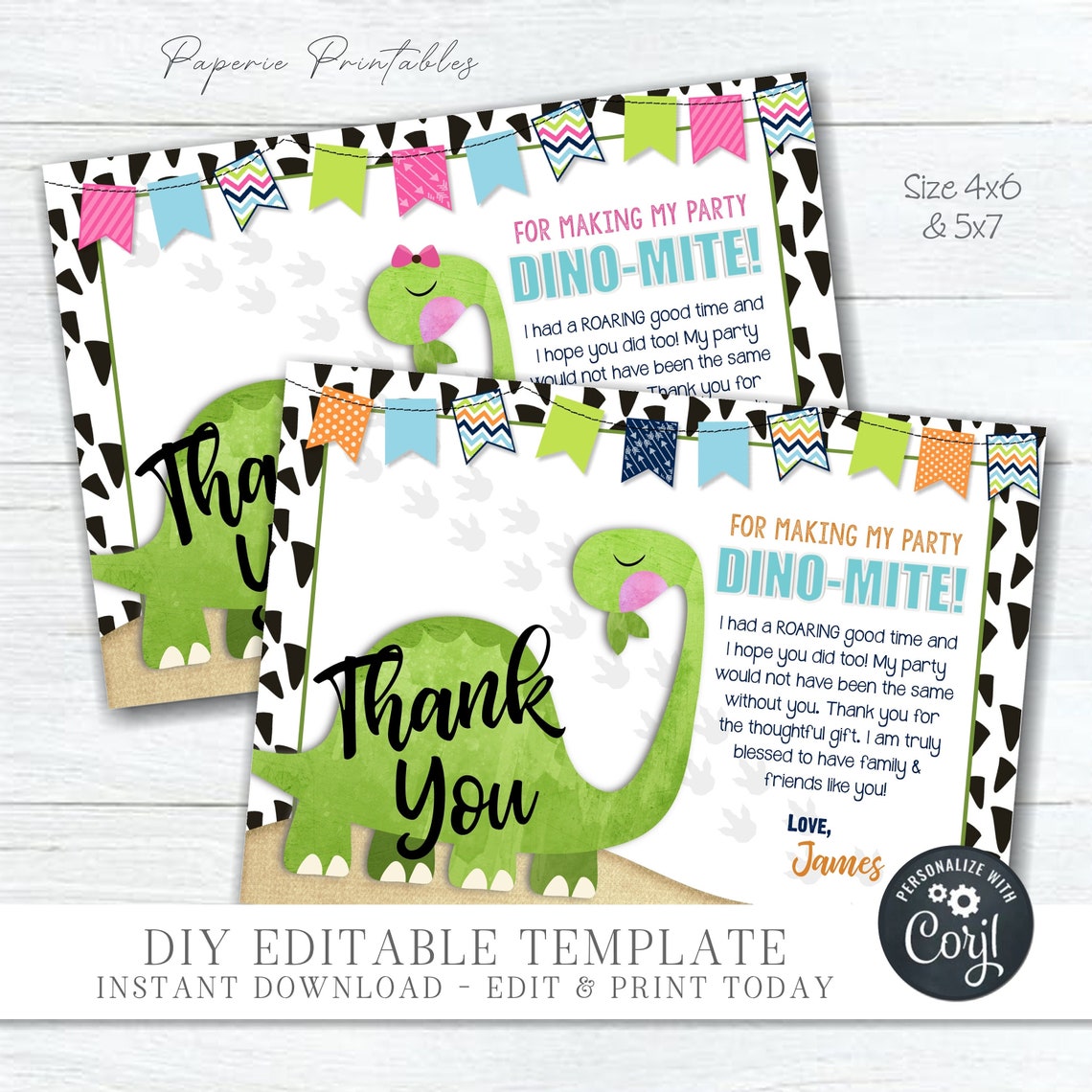 EDITABLE Dinosaur Birthday Thank You Card Dinosaur Thank You - Etsy