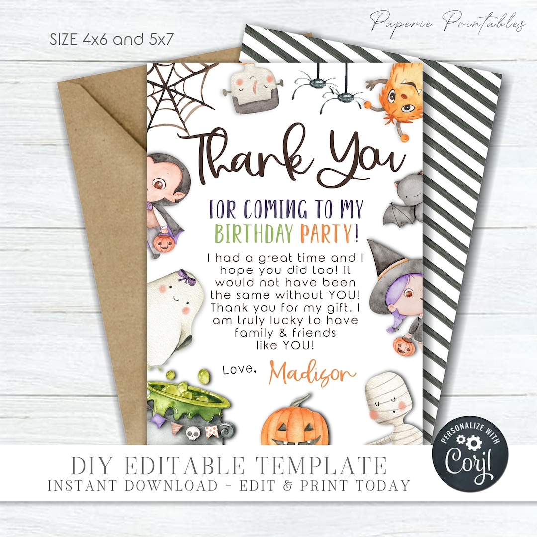 EDITABLE Halloween Birthday Thank You Card, Halloween Thank You Card ...