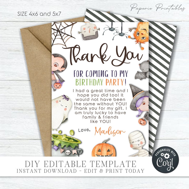 EDITABLE Halloween Birthday Thank You Card Halloween Thank - Etsy