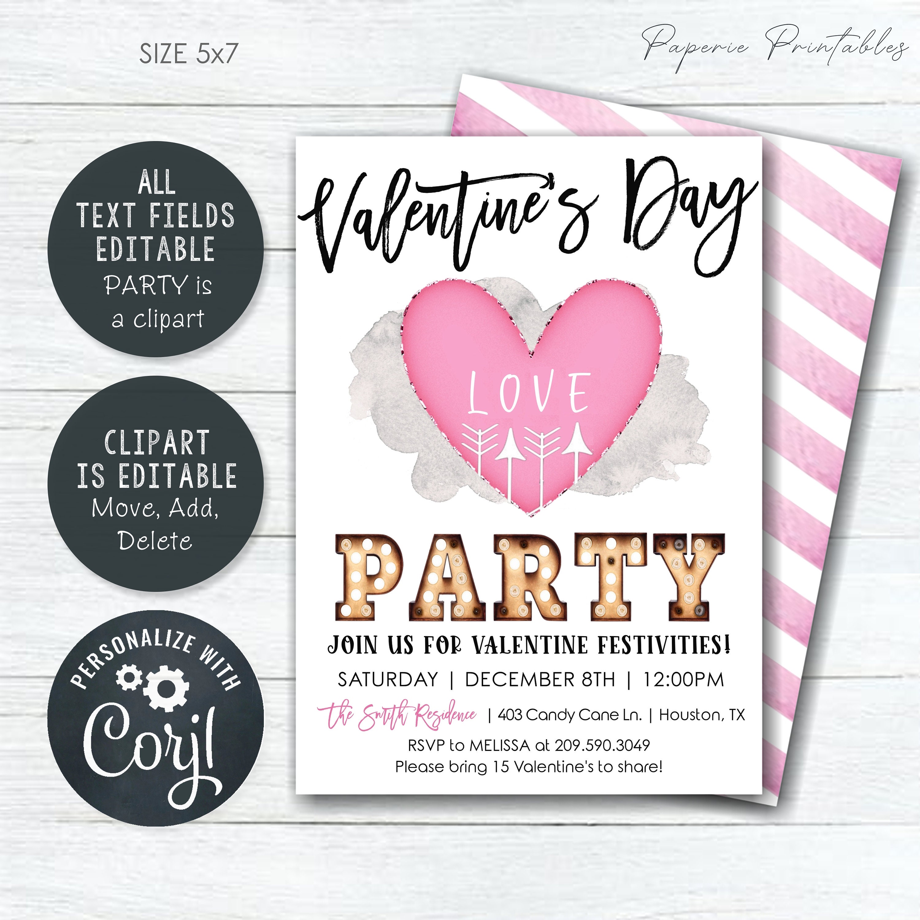 Editable Valentine's Day Party Invitation: Heart Design (DIY Corjl ...