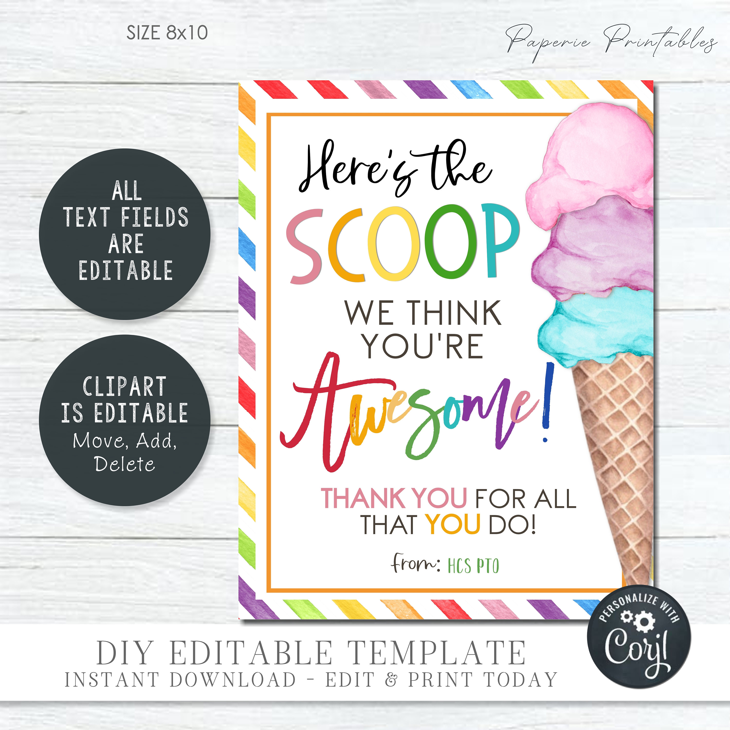 Ice Cream Teacher Appreciation Sign: Editable "here's the Scoop ...