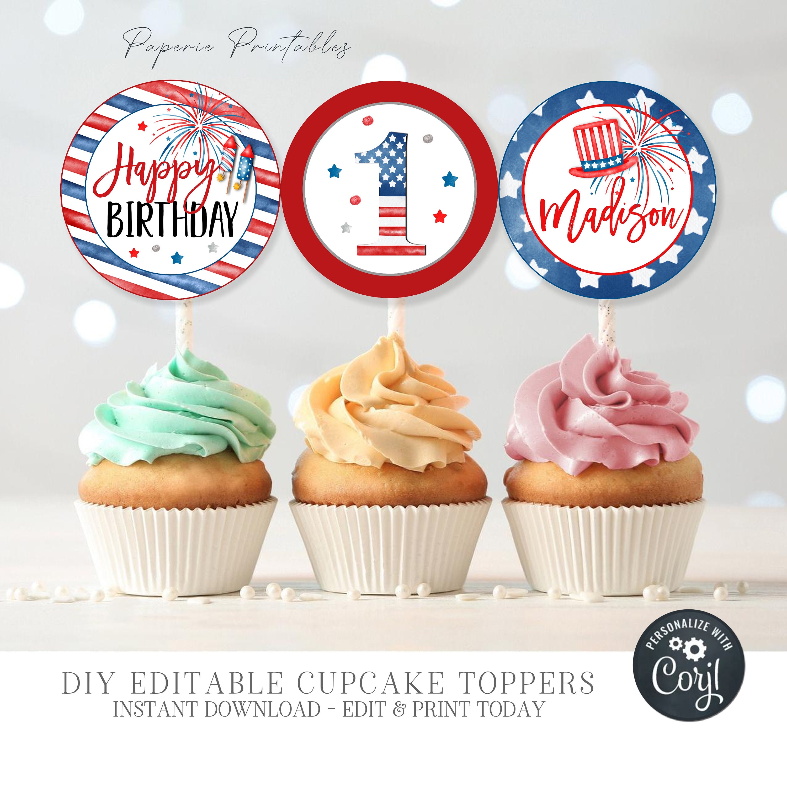 Editable 4th of July Birthday Cupcake Toppers (digital Download) #BP89 ...