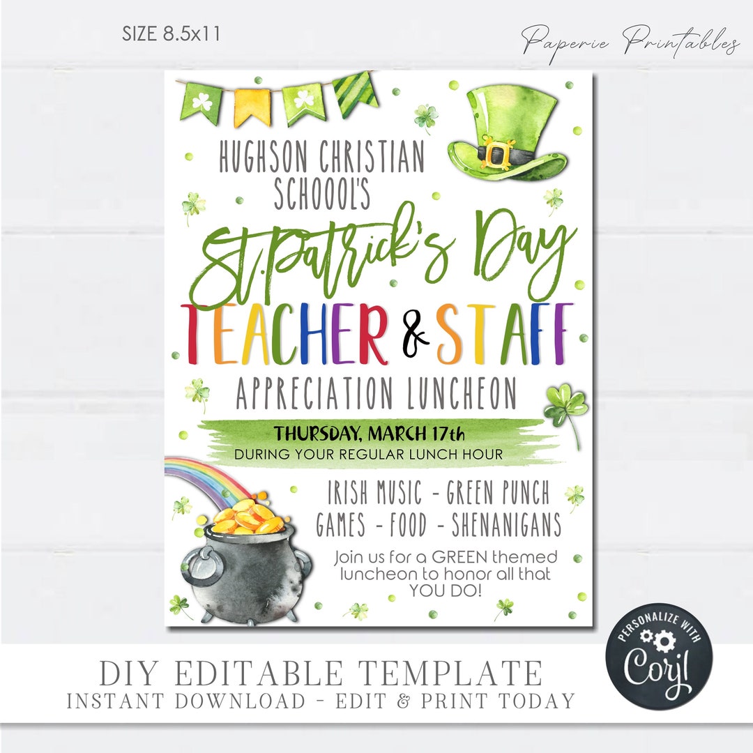 Editable St. Patrick's Day Teacher Appreciation Luncheon Flyer (digital ...