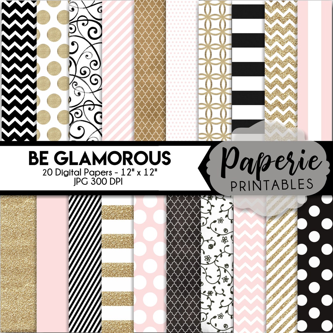 Light Pink, Gold Glitter & Black Pattern Digital Paper - 12x12 Digital ...