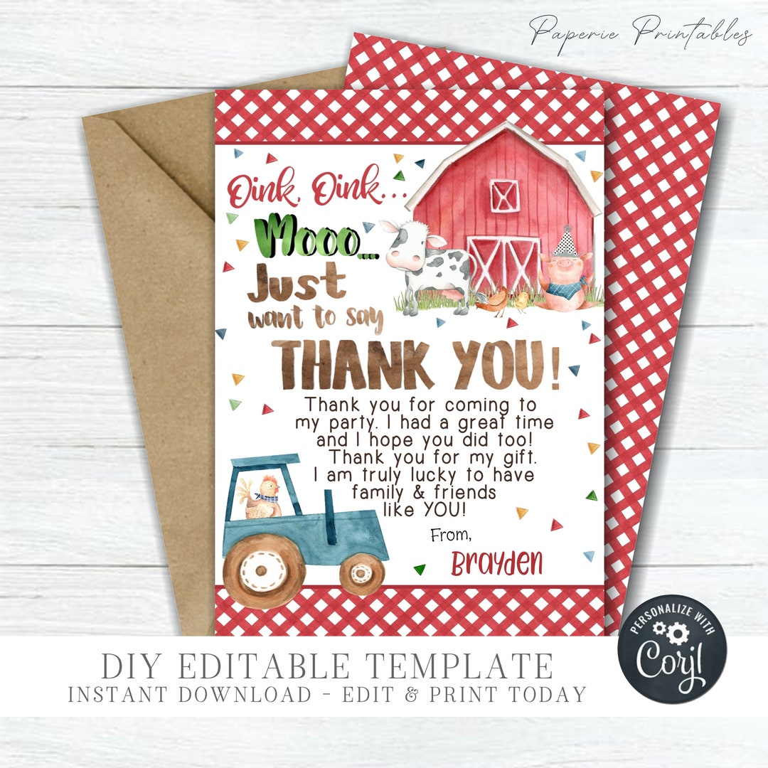 EDITABLE Farm Birthday Thank You Card - DIY Farm Birthday Party ...