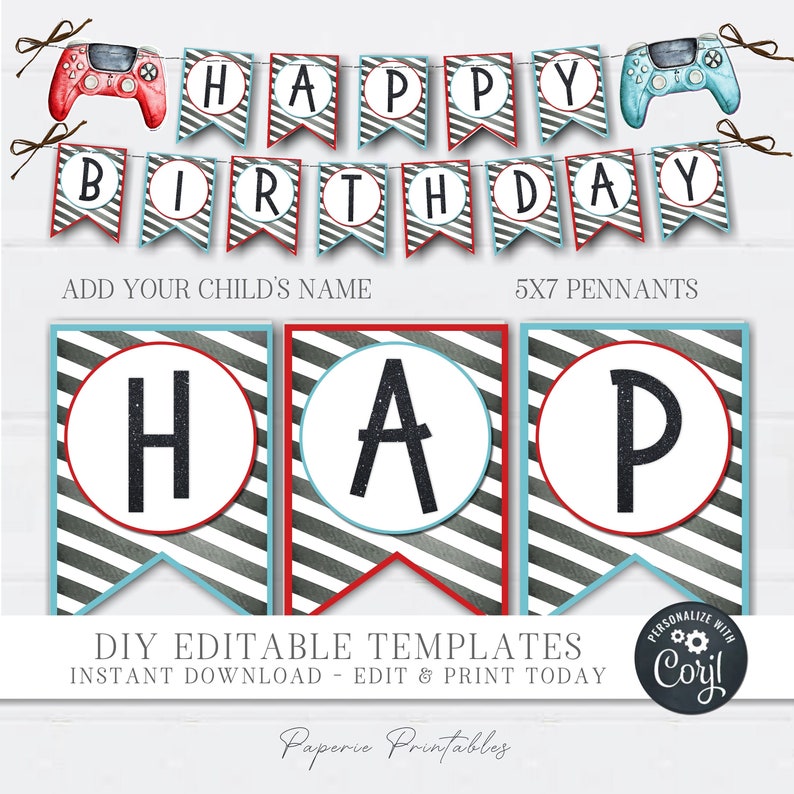 EDITABLE Happy Birthday Pennant Banner Video Game Pennant - Etsy