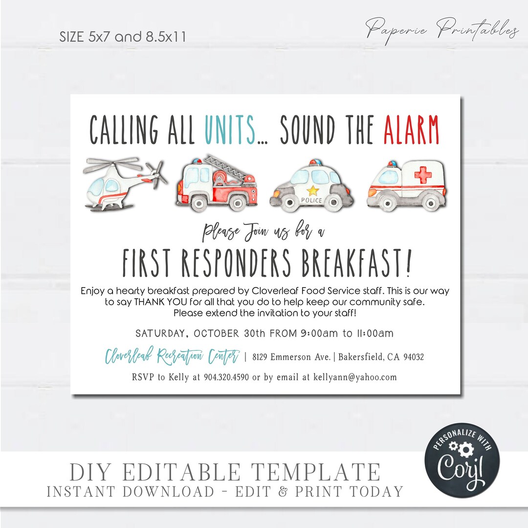 Editable First Responders Appreciation Breakfast Invitation (DIY With ...