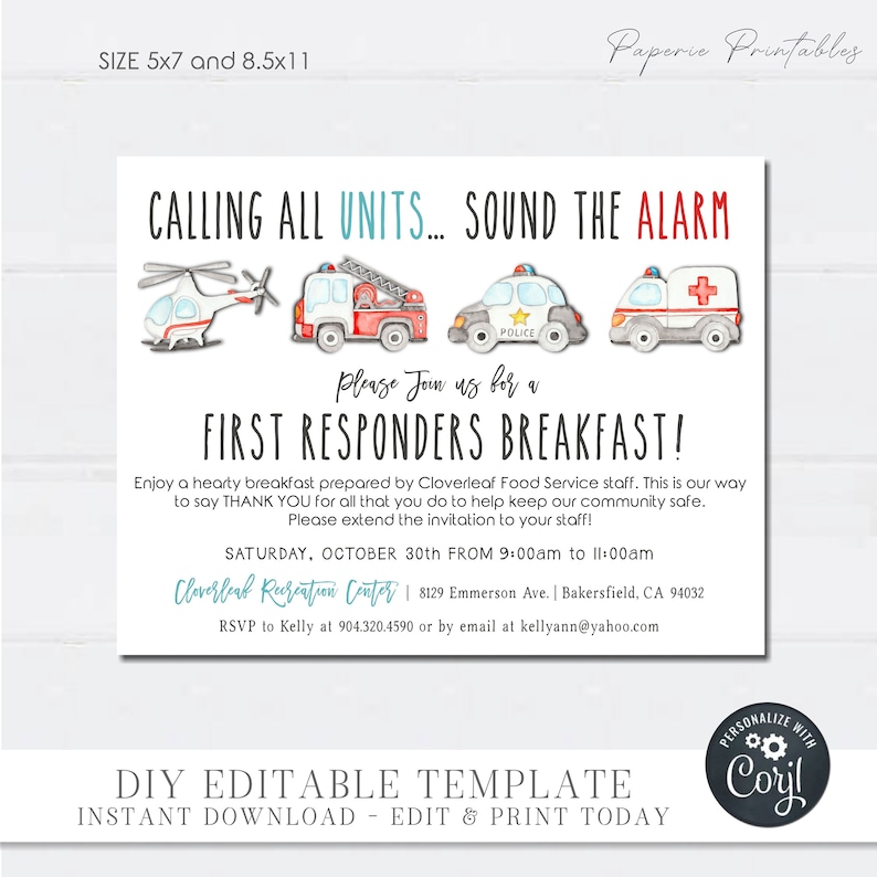 Editable First Responders Appreciation Breakfast Invitation (DIY With ...