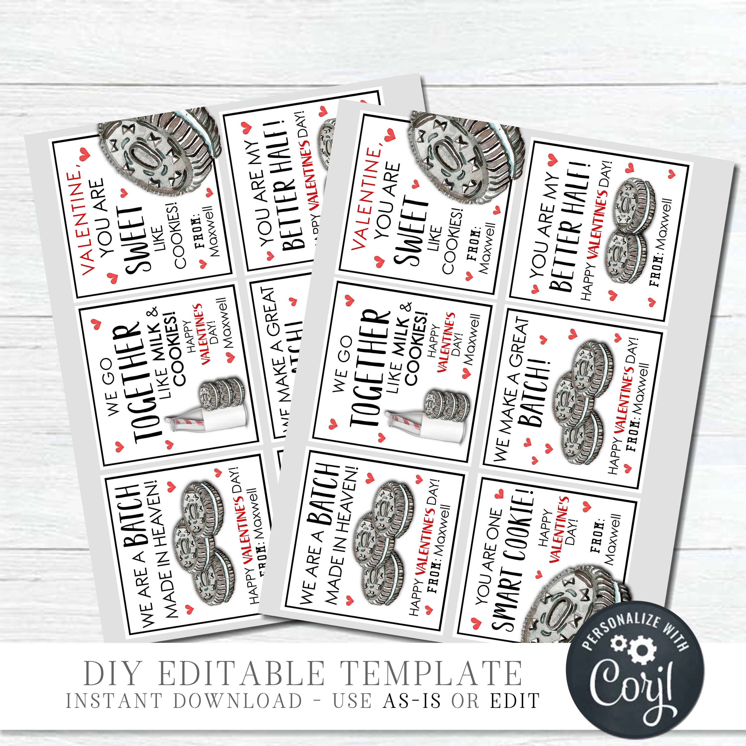Editable Cookie Valentine Cards: School Valentines (DIY Corjl - Digital ...