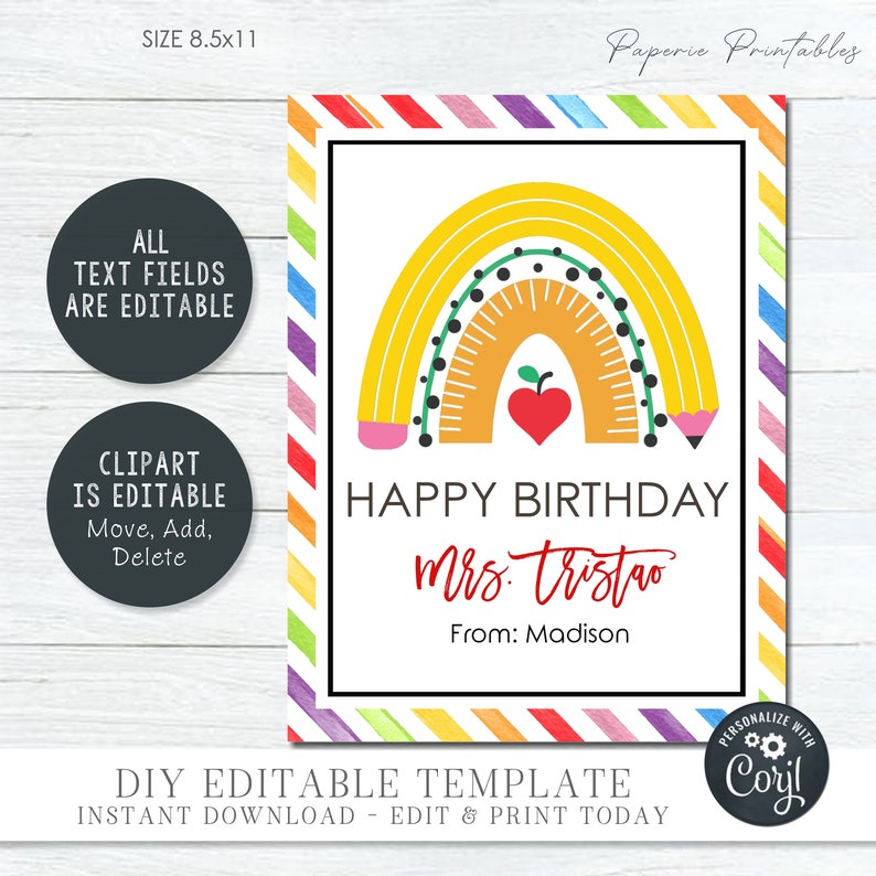 Editable Teacher Birthday Sign: Rainbow Design (digital Download) # ...