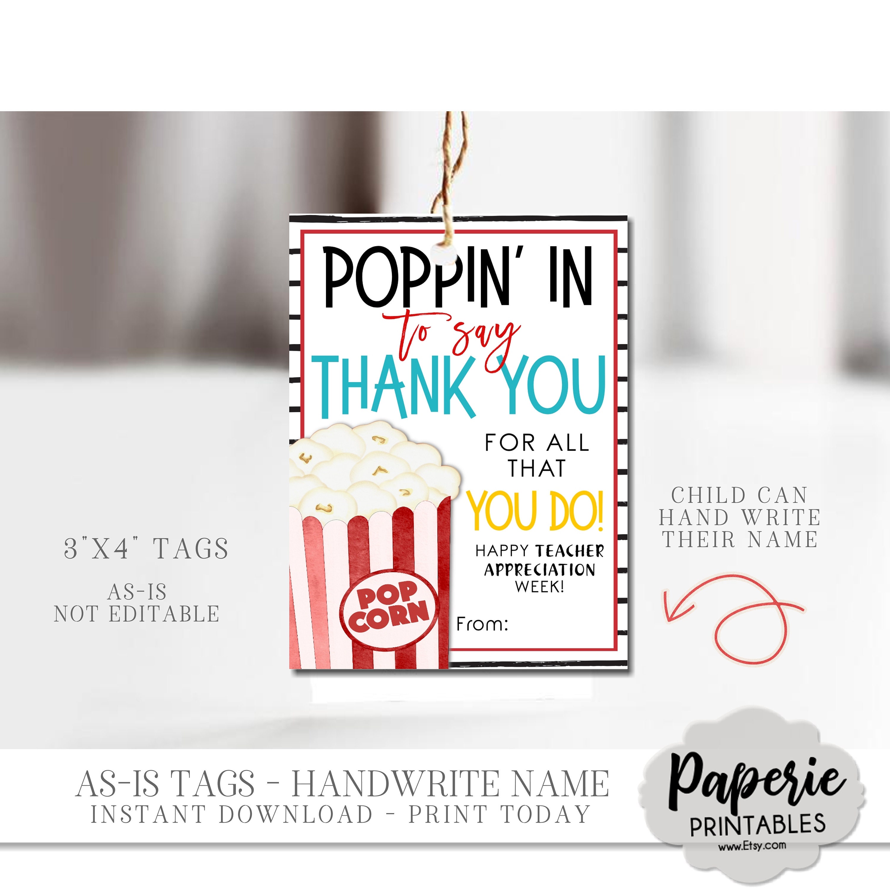 Editable Popcorn Teacher Appreciation Gift Tag (digital Download) # ...