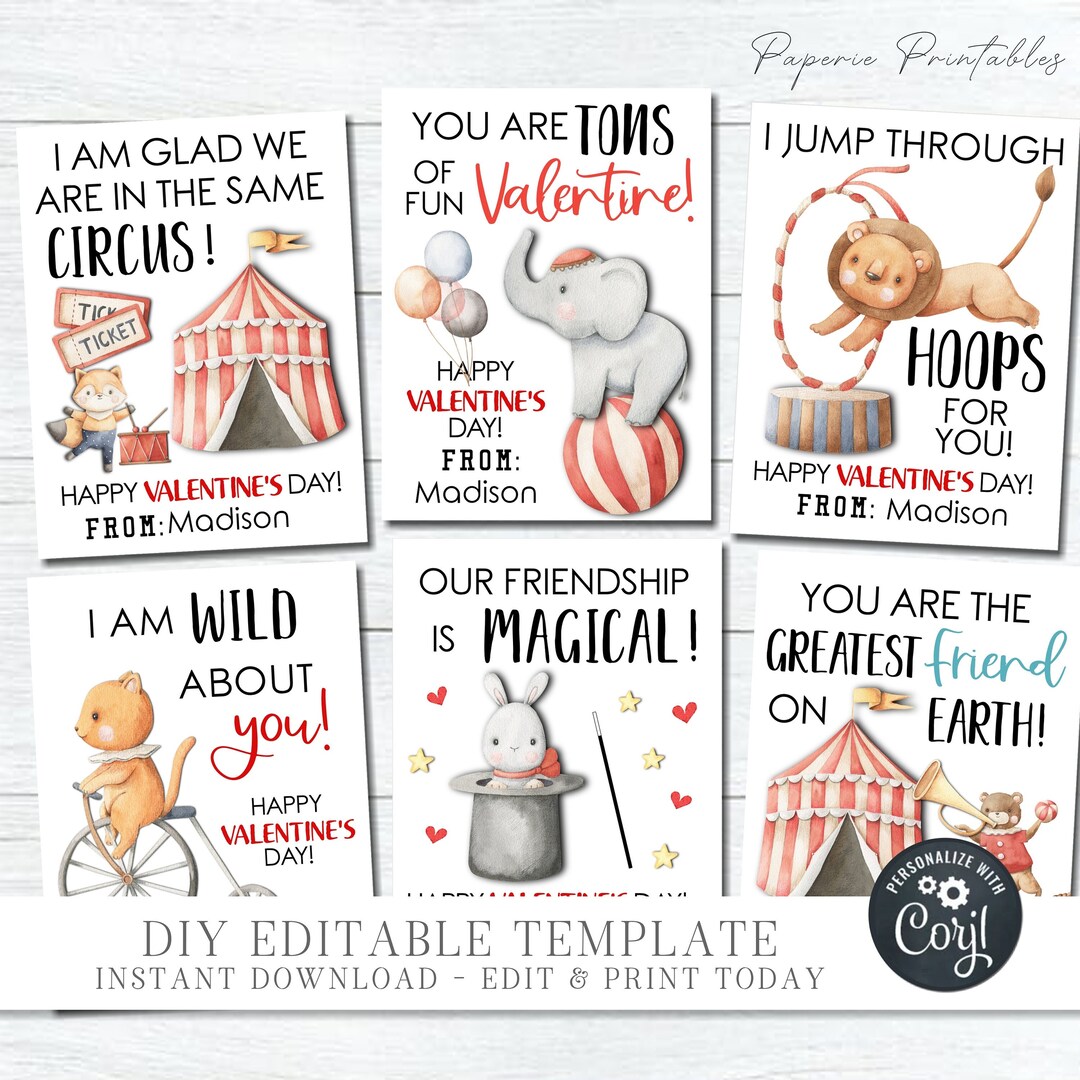 Editable Circus Valentine Cards: School Gift Tags (DIY Corjl) - Etsy